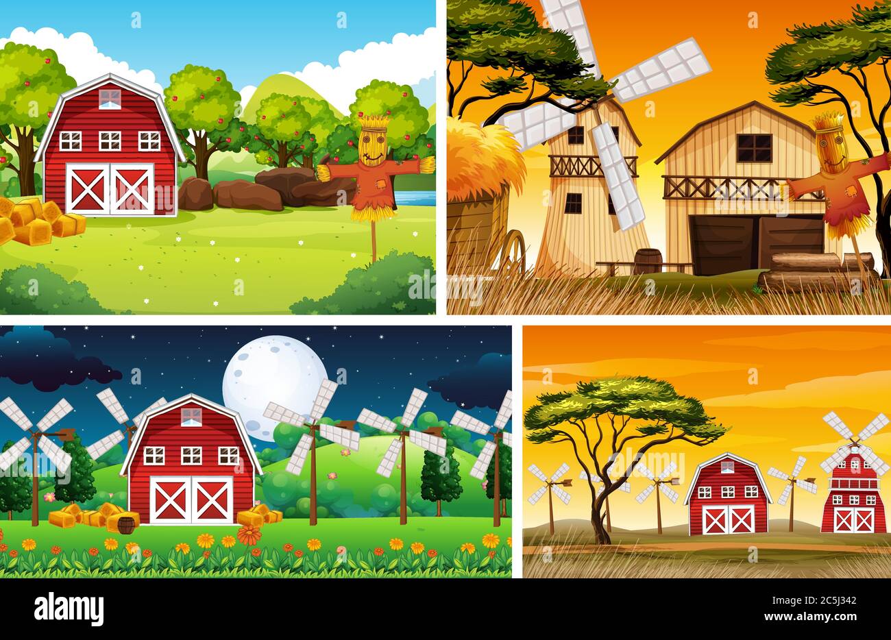 Set of different farm scenes cartoon style illustration Stock Vector ...