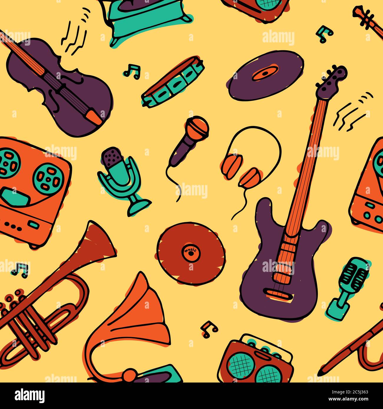 Hand drawn musical icon set. Seamless pattern for fabric and wallpaper ...