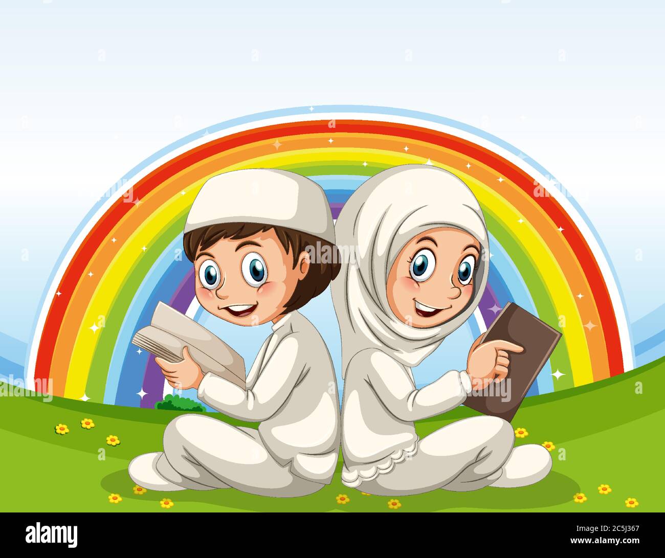 Arab muslim kids in traditional clothing and rainbow background ...