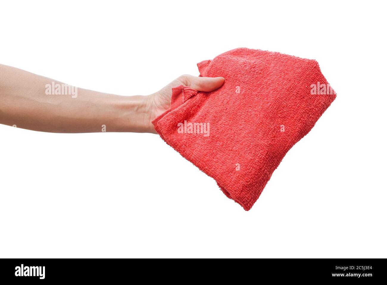 Male hand holding red cloth isolated on white background with clipping ...