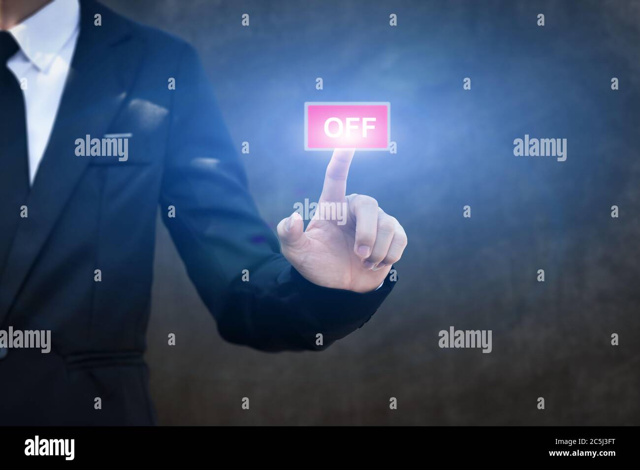 Businessman pressing OFF button icon. Concept of technology and ...
