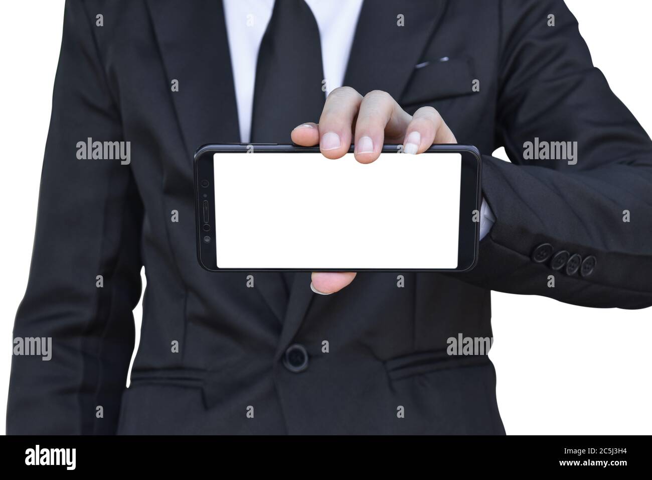Businessman hold blank screen smartphone in hand, Isolated on white ...