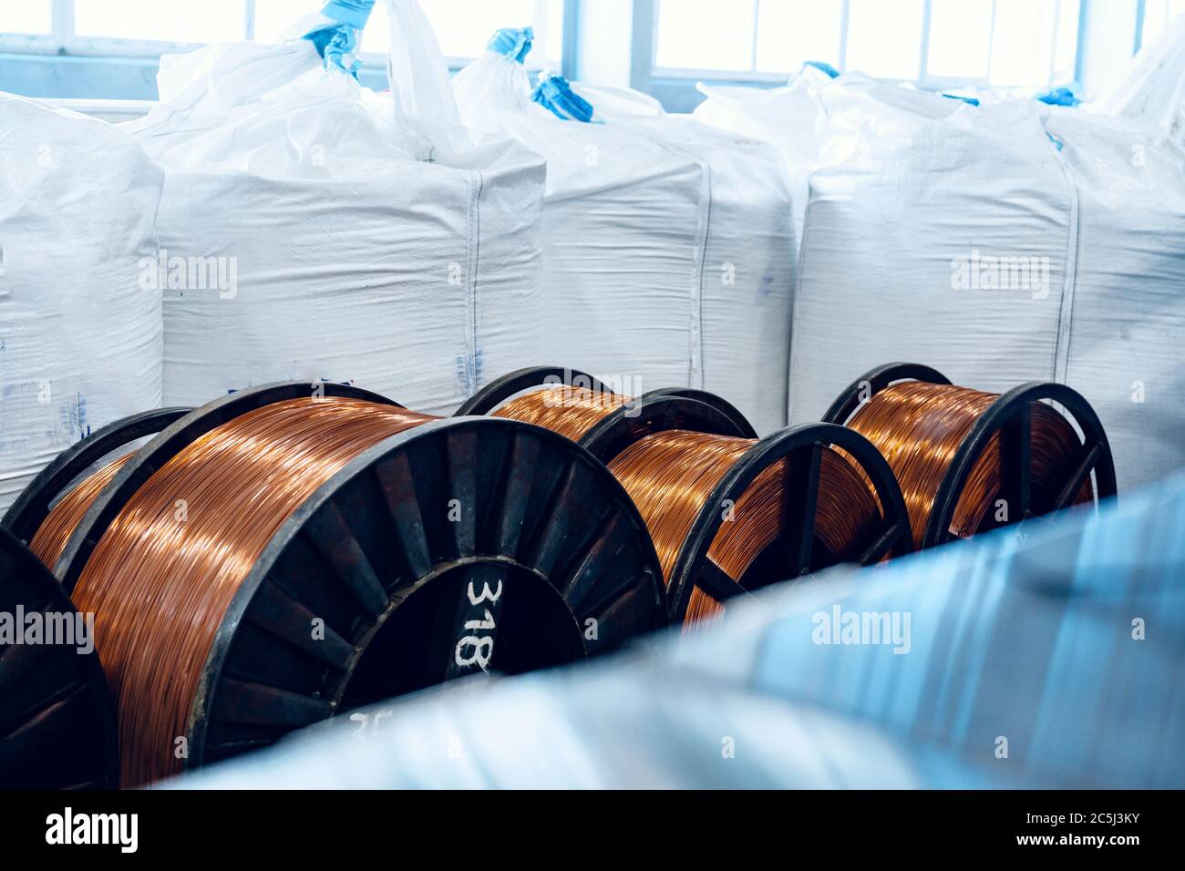 Production of copper wire, cable in reels at factory. Cable factory ...