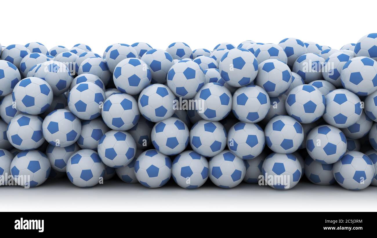 Large pile of blue soccer balls on white background Stock Photo - Alamy