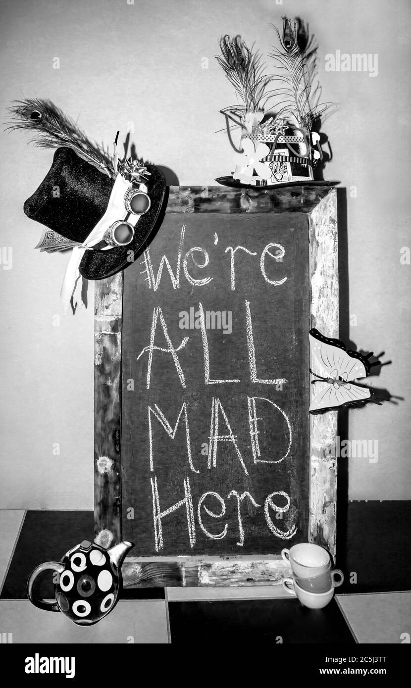 Colorful party with fancy decorations of hats, teapots, butterfly and ...