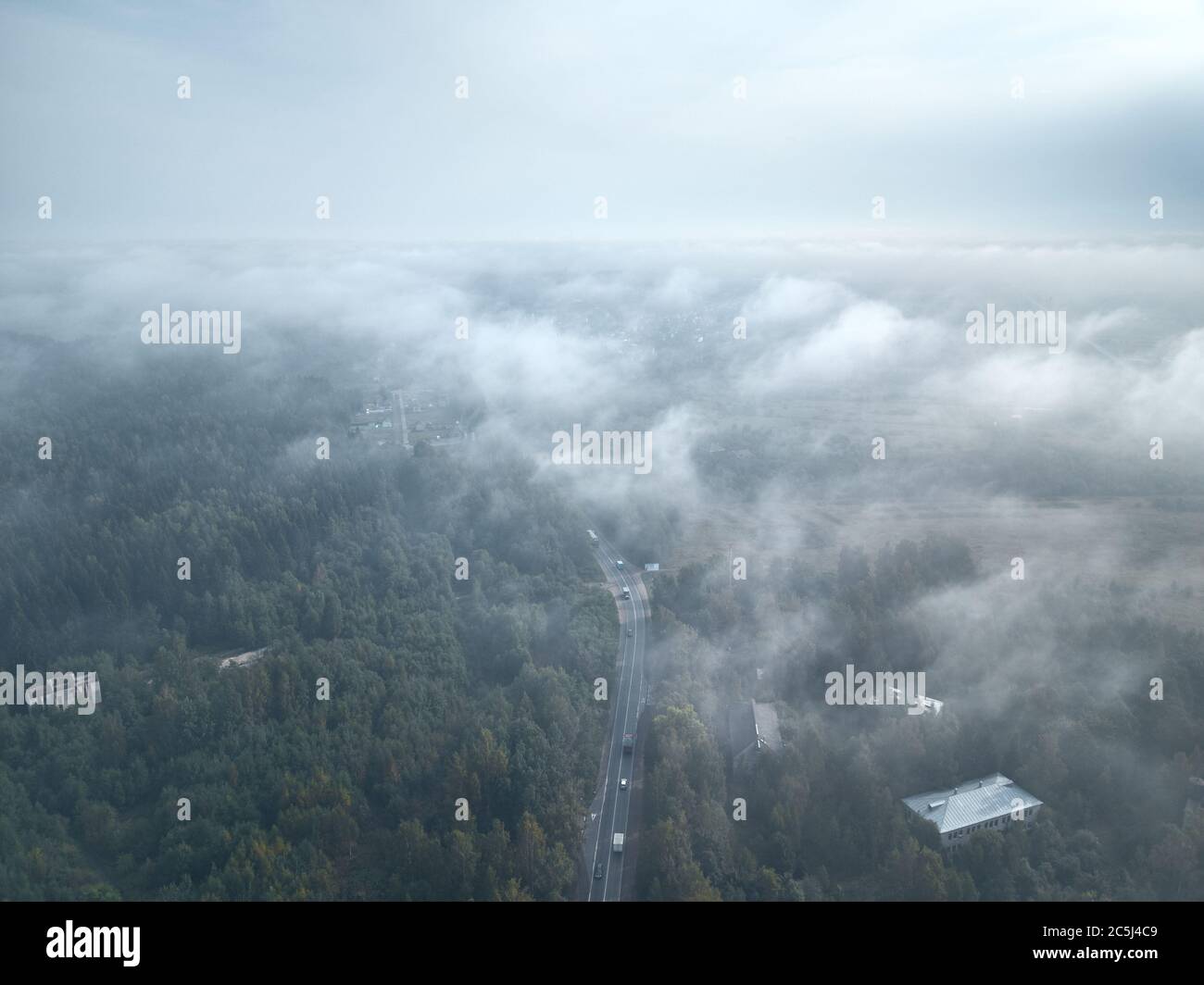 Aerial view of the countryside in the morning. Morning fog over the ...