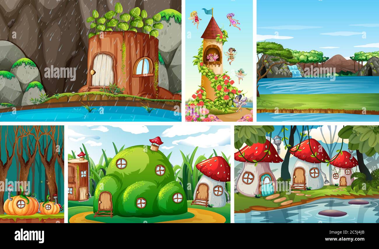 Six different scene of fantasy world with beautiful fairies in the ...