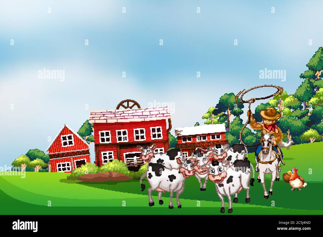 Farm scene with animal farm cartoon style illustration Stock Vector ...