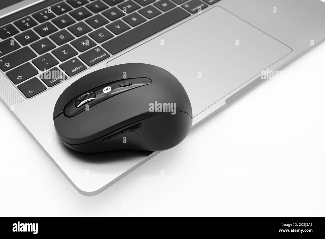 Isolated view of a Bluetooth wireless mouse seen sitting own top of ...