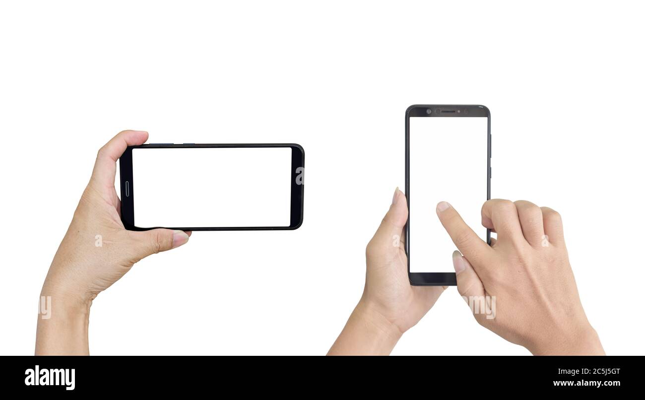 Hand holding blank screen smartphone, Isolated on white background with ...