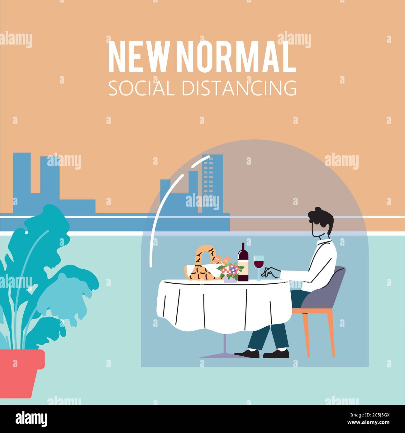Social distancing and man at table design of New normal and Covid 19 ...