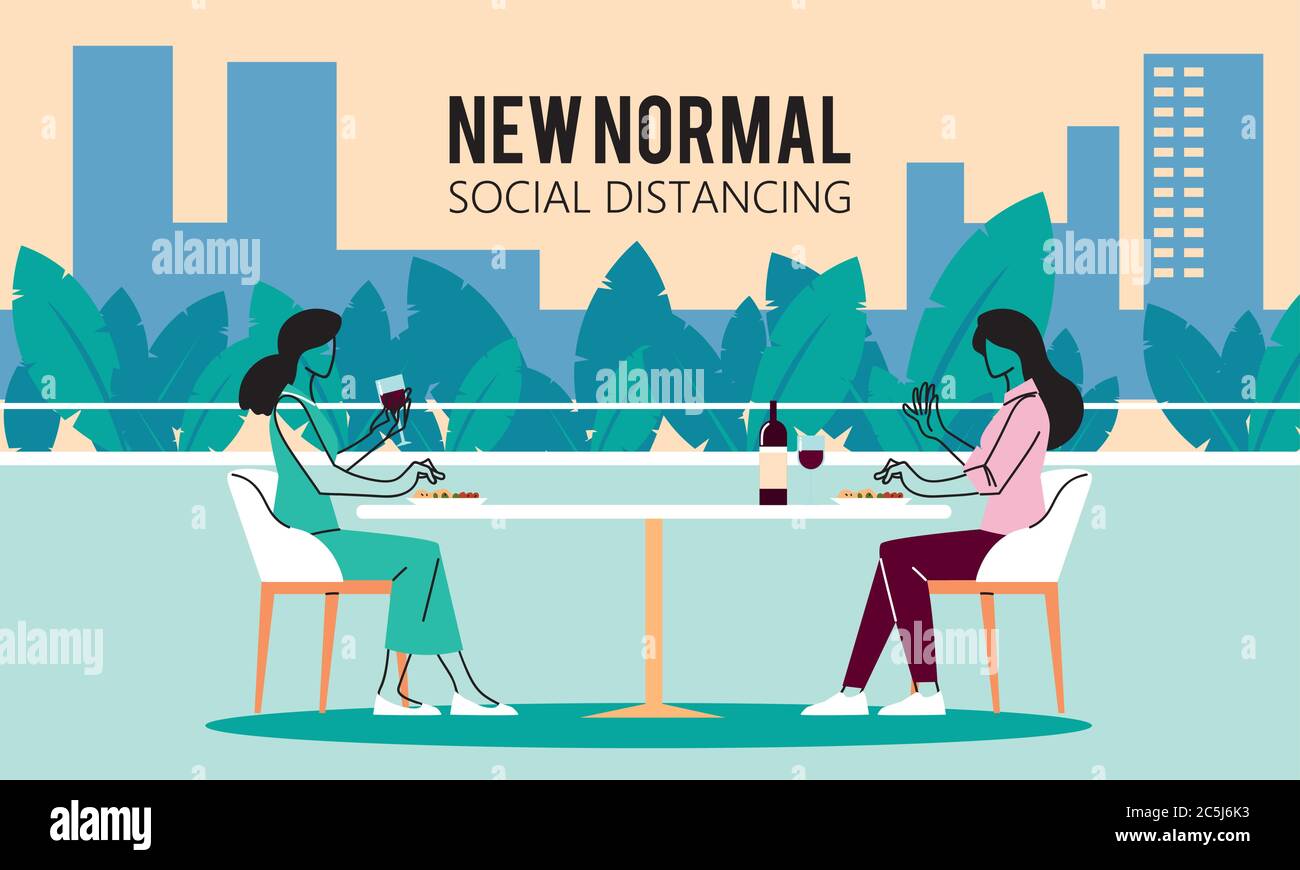 Social distancing between women at table design of New normal and Covid ...