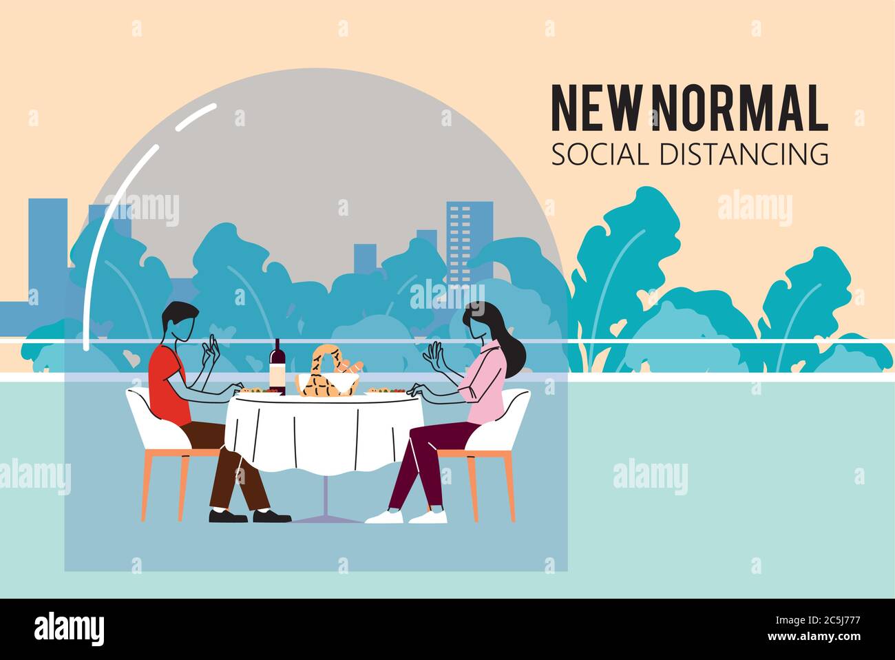 Social distancing between woman and man at table design of new normal ...