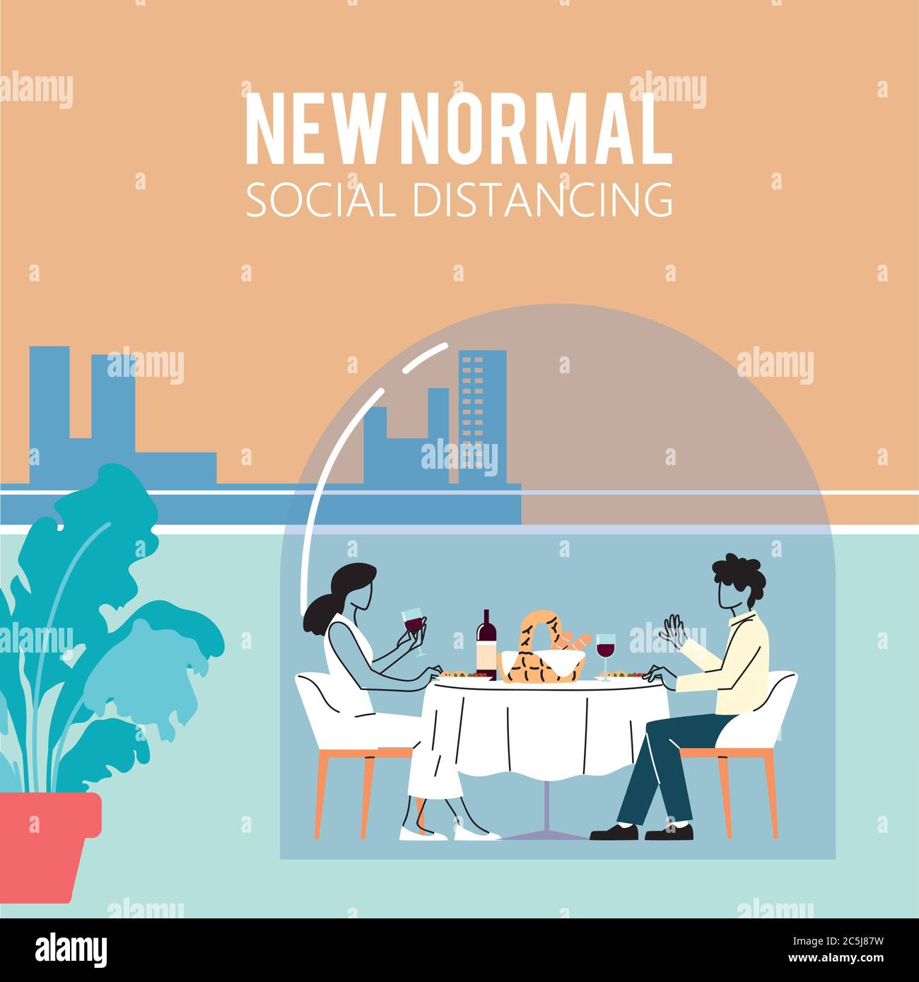 Social distancing between woman and man at table design of new normal ...