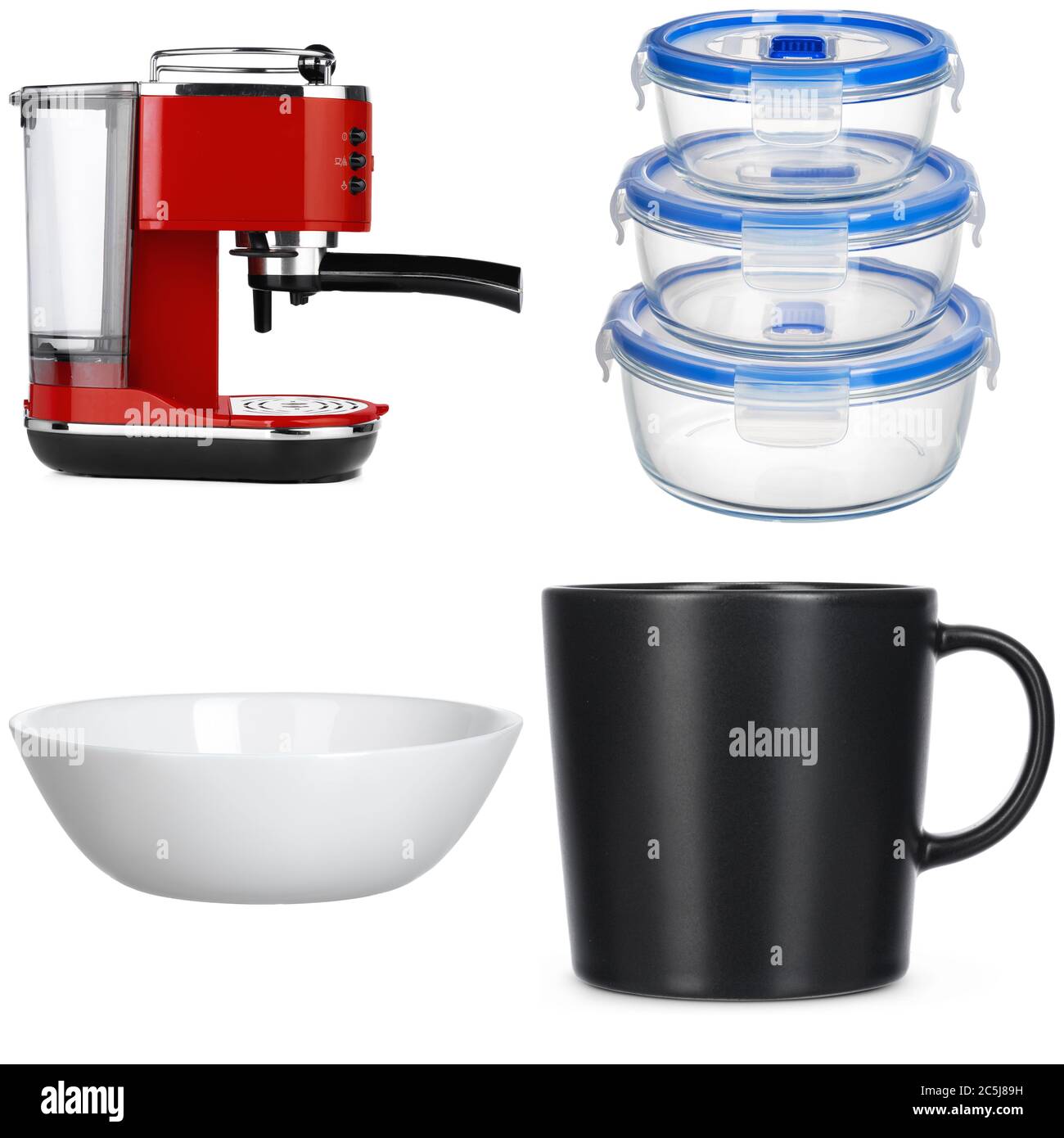 Collage of red coffee machine and crockery on white background Stock ...