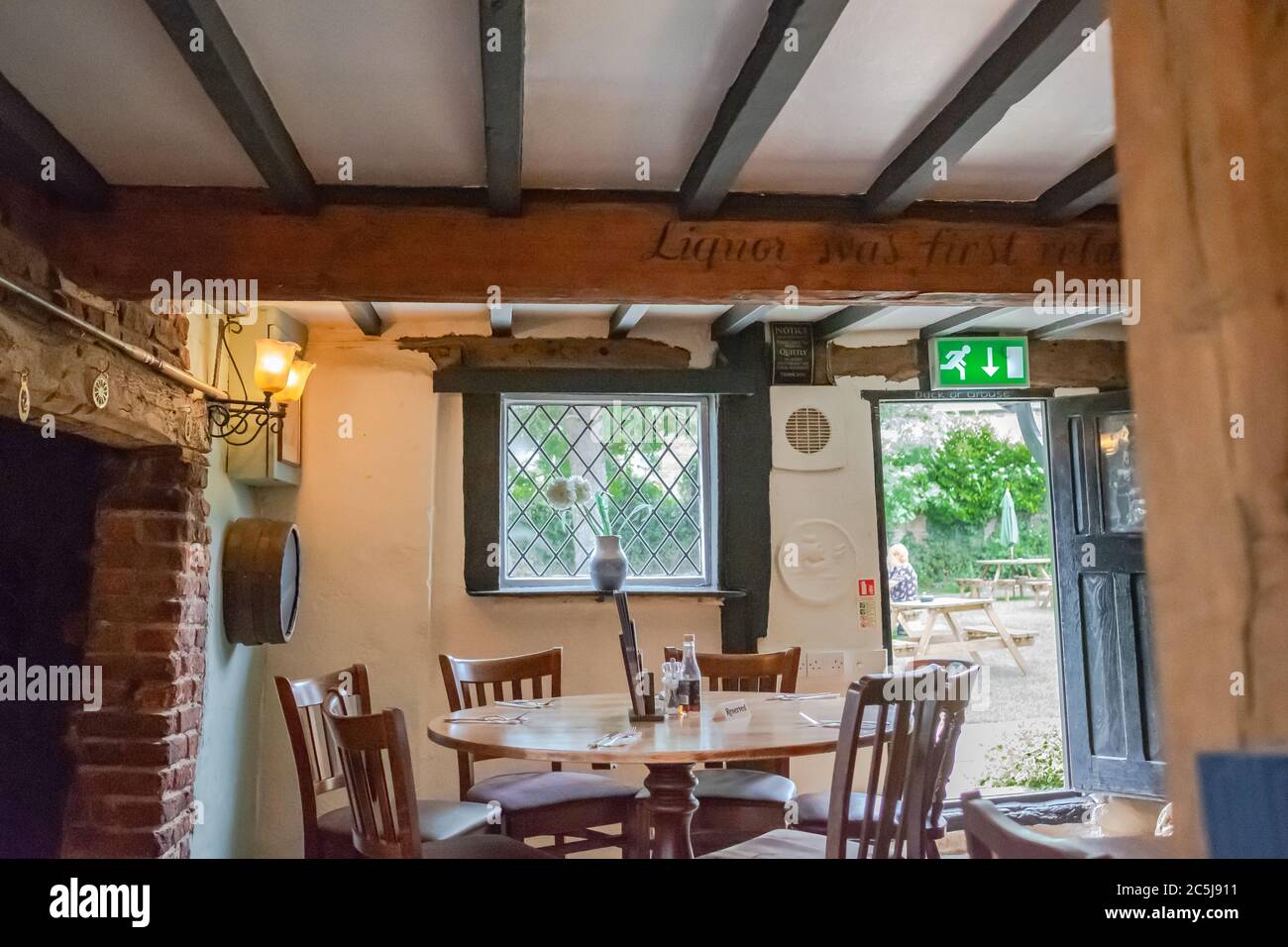 Detailed interior of an old, English traditional styled pub and ...