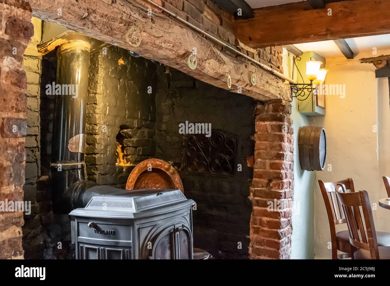 Detailed interior of an old, English traditional styled pub and ...
