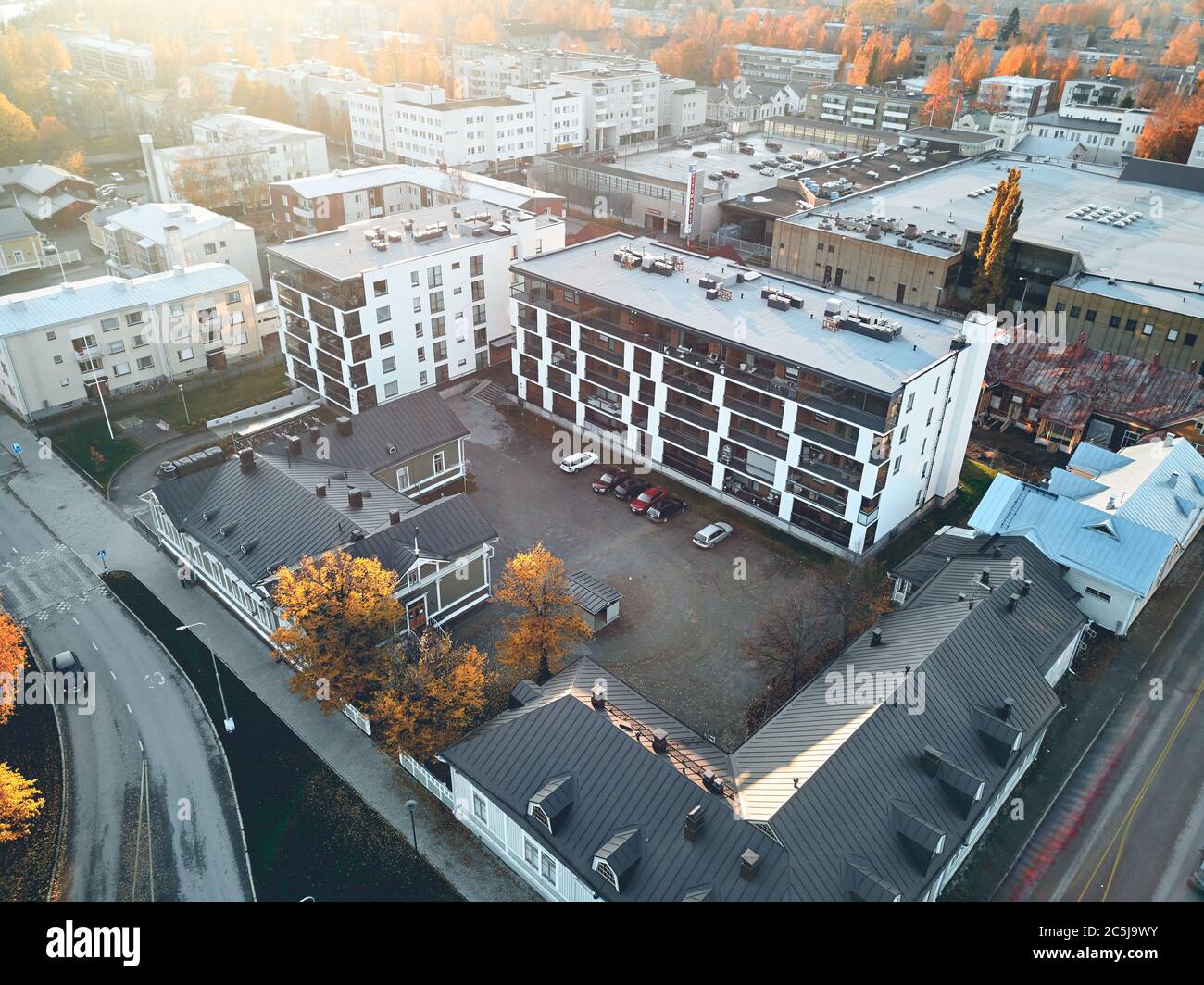Aerial view of center of Joensuu and new modern buildings, Finland ...