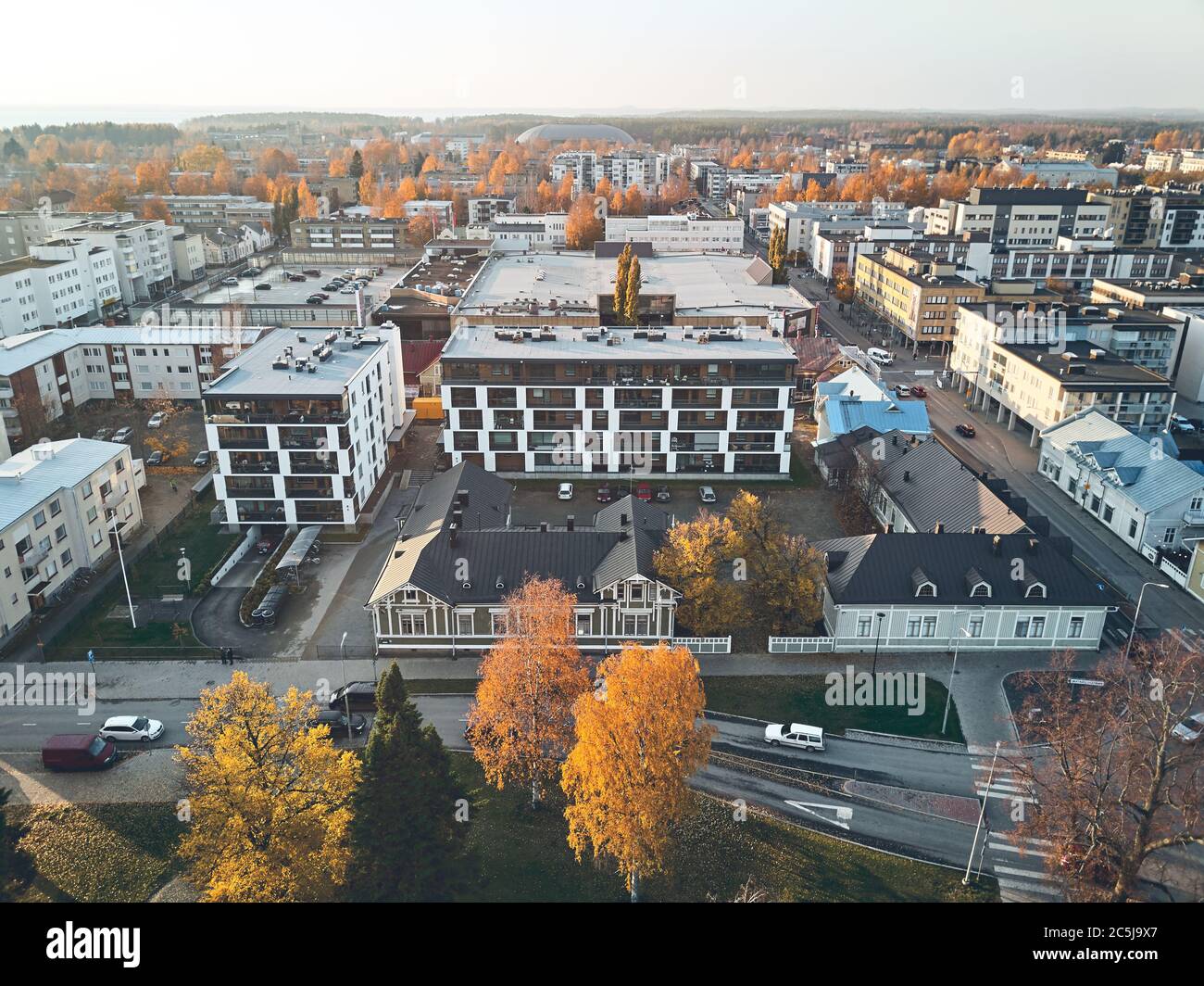 Aerial view of center of Joensuu and new modern buildings, Finland ...