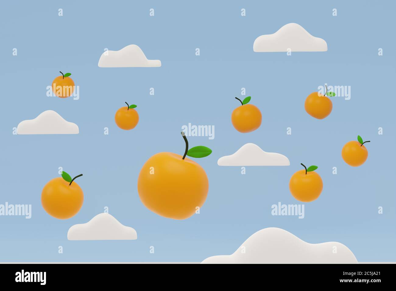 Orange Fruits with white cloud float on blue sky, 3d illustration Stock ...