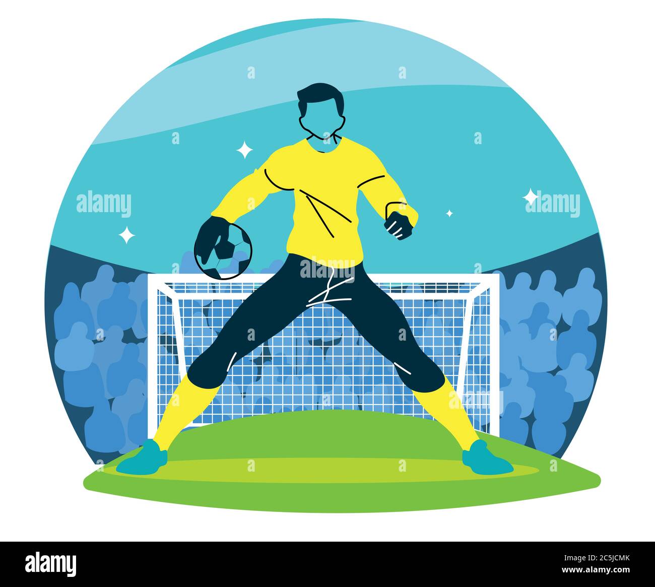 goalkeeper player man with ball in front of goal in stadium design ...