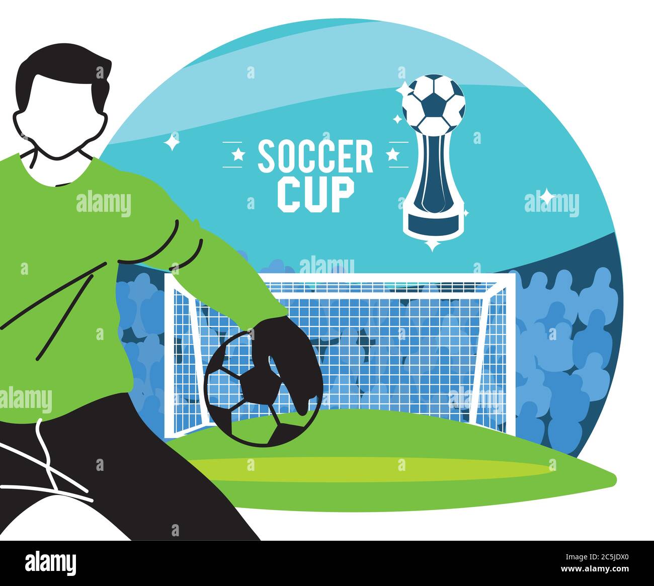 goalkeeper player man with ball in front of goal in stadium design ...