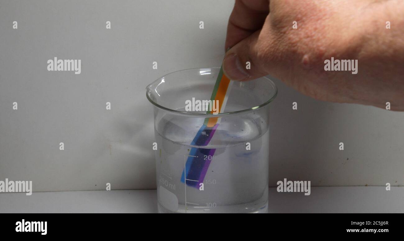 Hand dips a test strip into a solution in a beaker and detects the ...