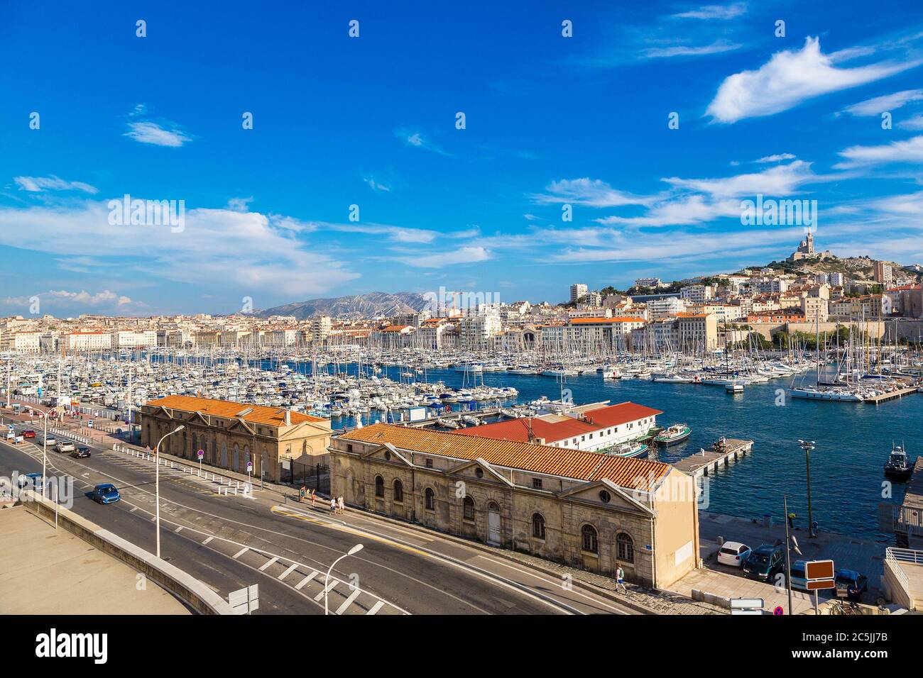 Aerial panoramic view on basilica of Notre Dame de la Garde and old ...