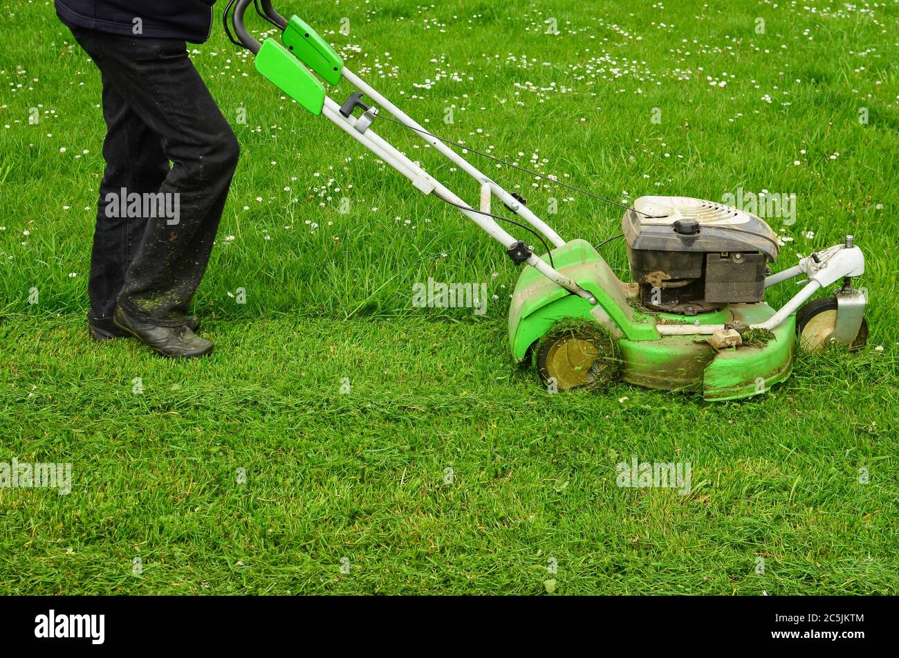 Mowing the grass, a worker maintains lawn using lawnmower Stock Photo ...