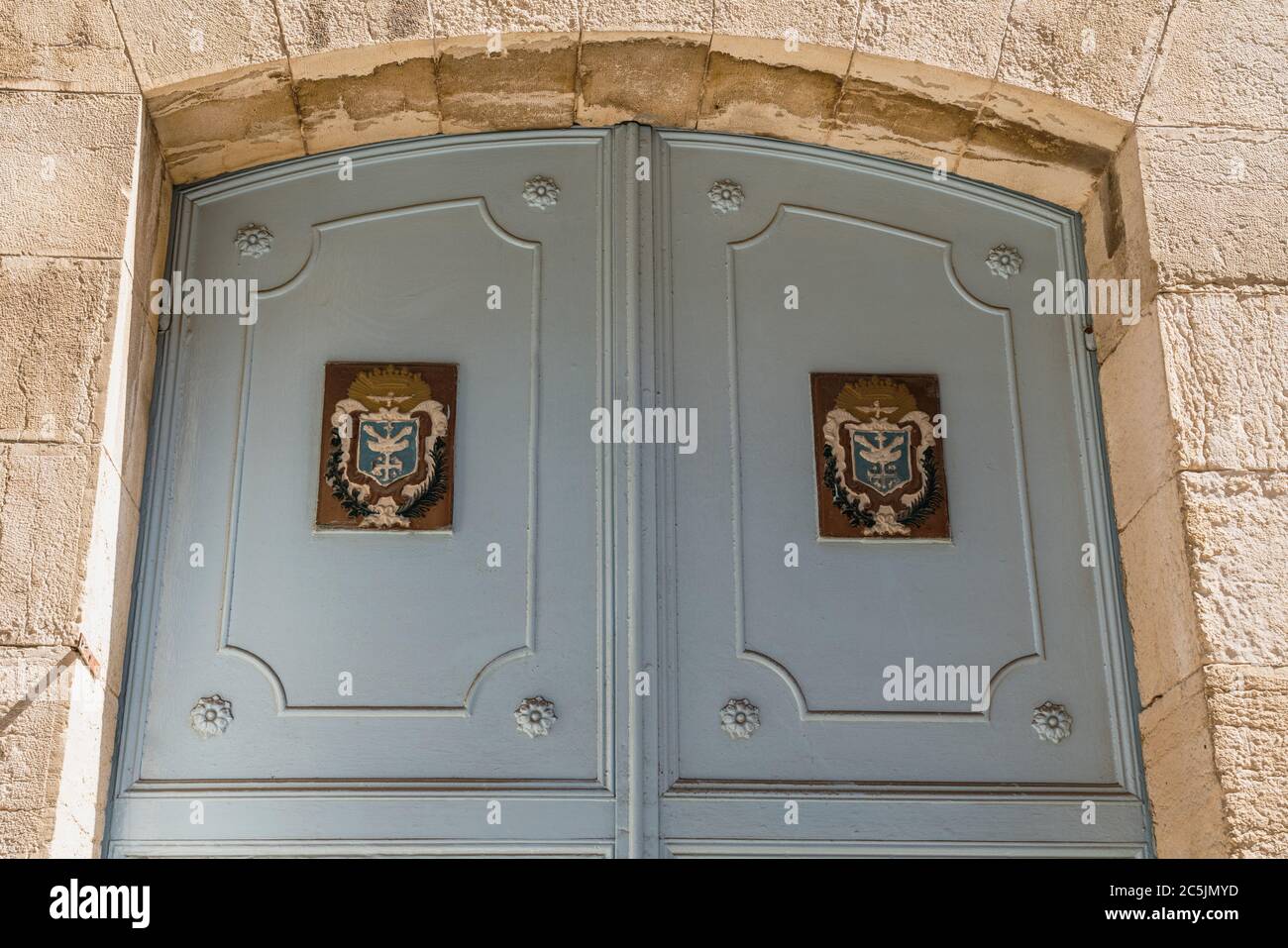 Israel, Jerusalem, The crest with the Franciscan seal on the doors of ...