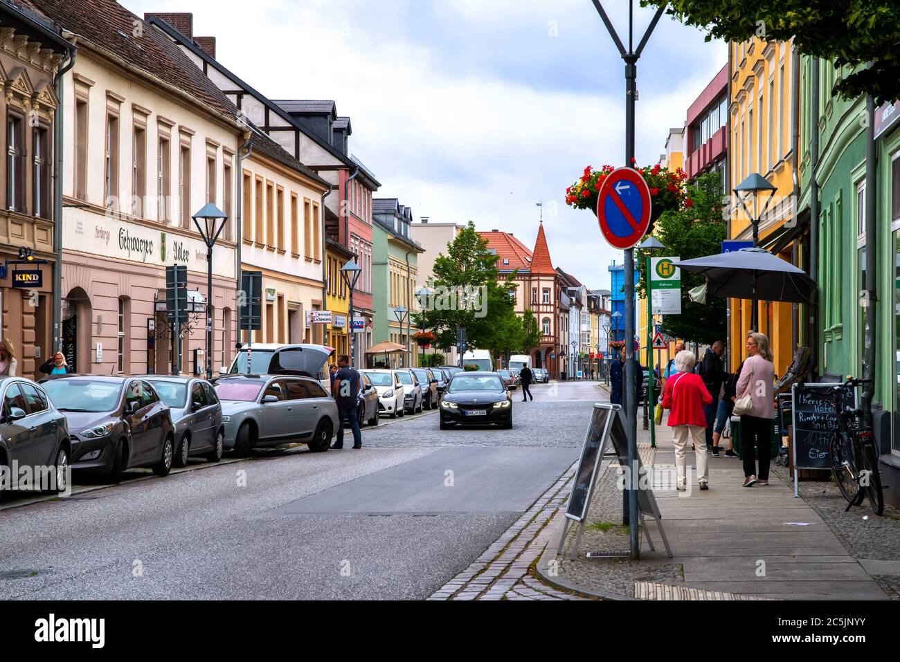 Bernau by Berlin, Germany, 06/19/2020: Shopping street in the down town ...