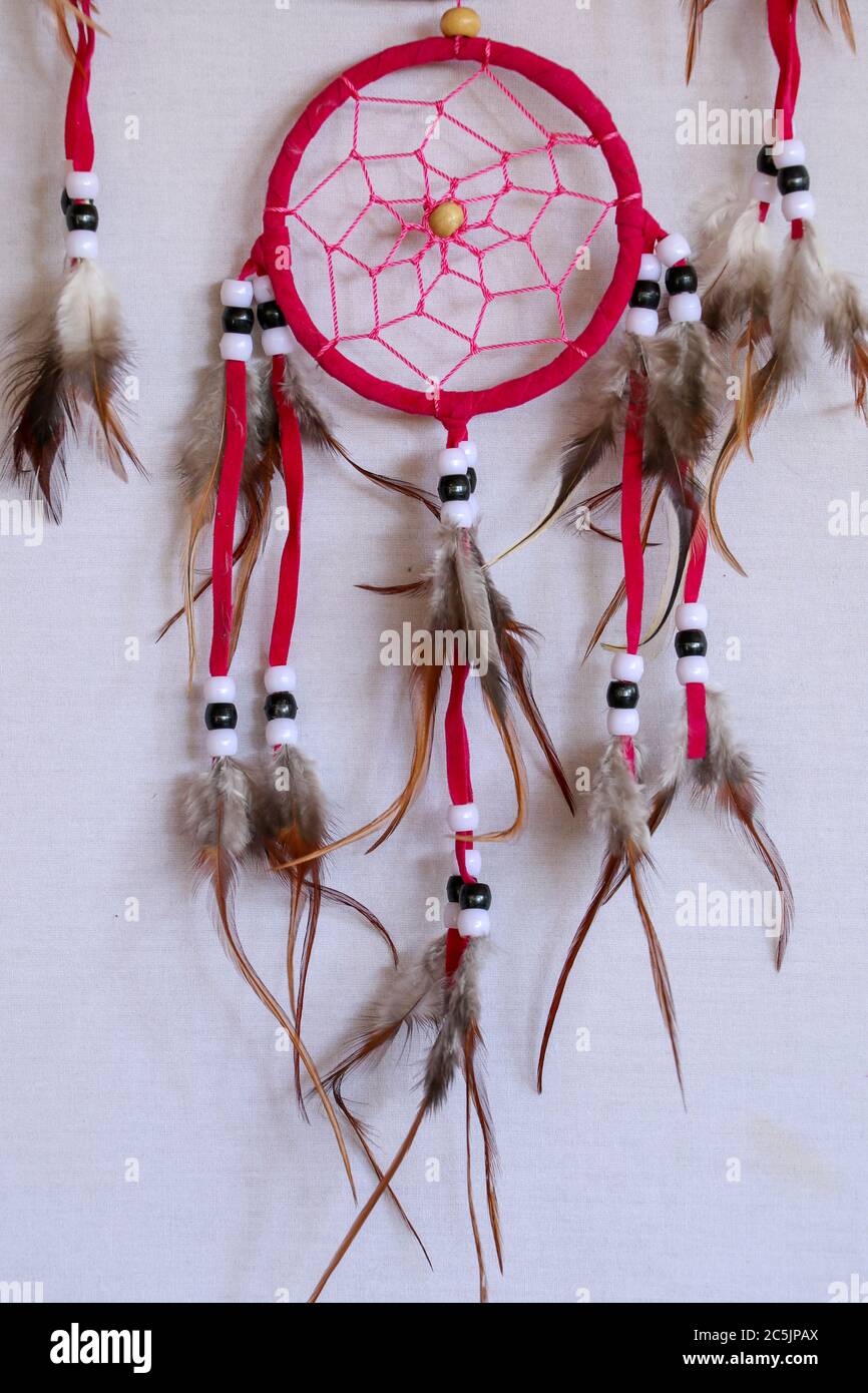 Macro view of real native dream catcher details on pure white ...