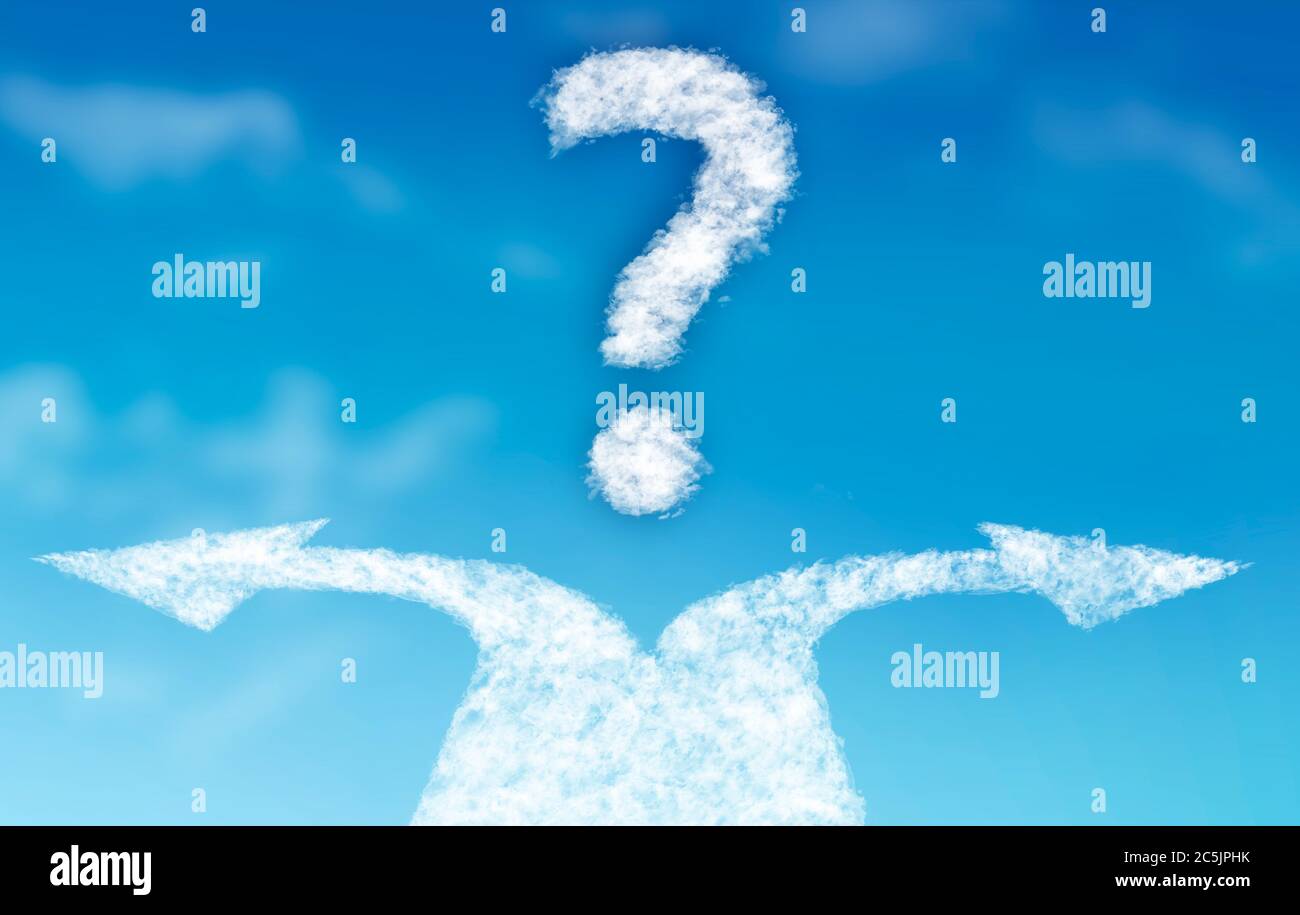 Bifurcation crossroads with question mark made of clouds.Uncertainty ...