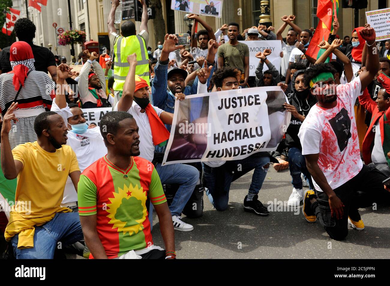 London, UK. 3rd July, 2020. Protest passes Trafalgar Square for Hachalu ...