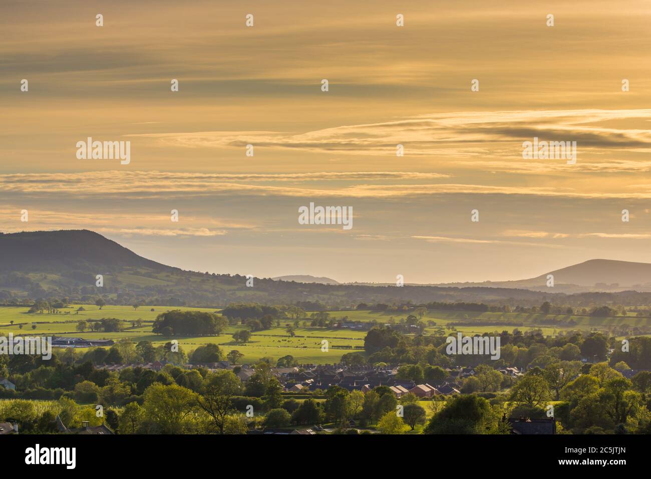 View of the Ribble Valley from the top of Clitheroe castle. Rural ...