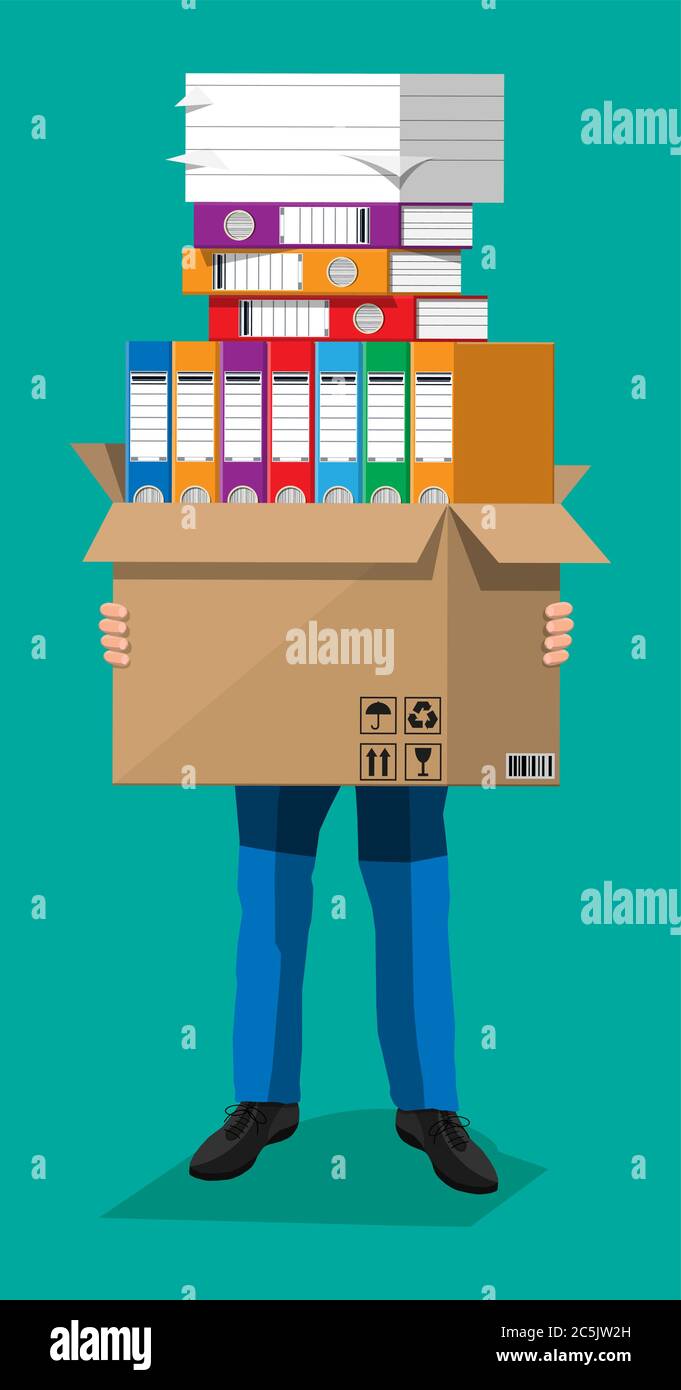 Stressed businessman holds pile of office folders and documents ...