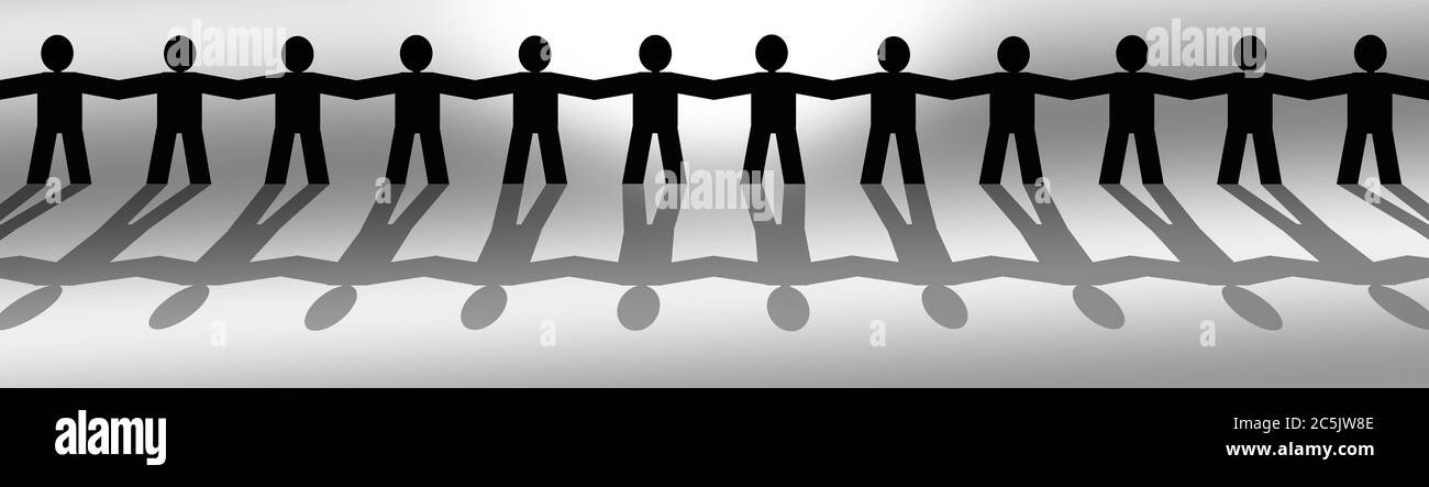 A line of twelve black cut-out paper-chain figures with a light behind ...