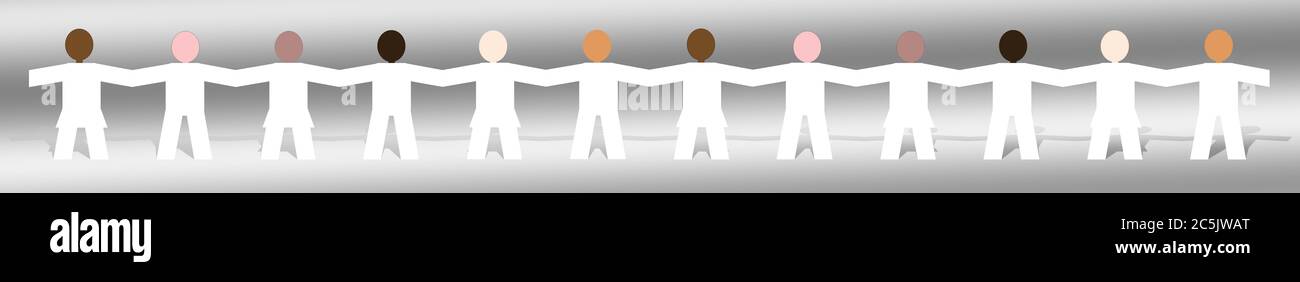 A line of twelve cut-out paper-chain figures, with white bodies and ...