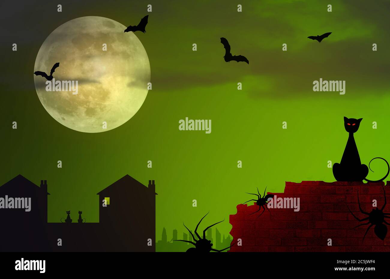 A black cat sits on a broken wall, under a green night sky and full ...