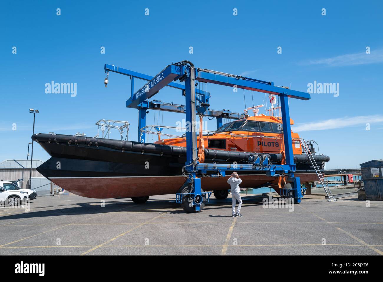 Ramsgate, UK -May 18 2020 A pilot boat on a rig which moves boats ...