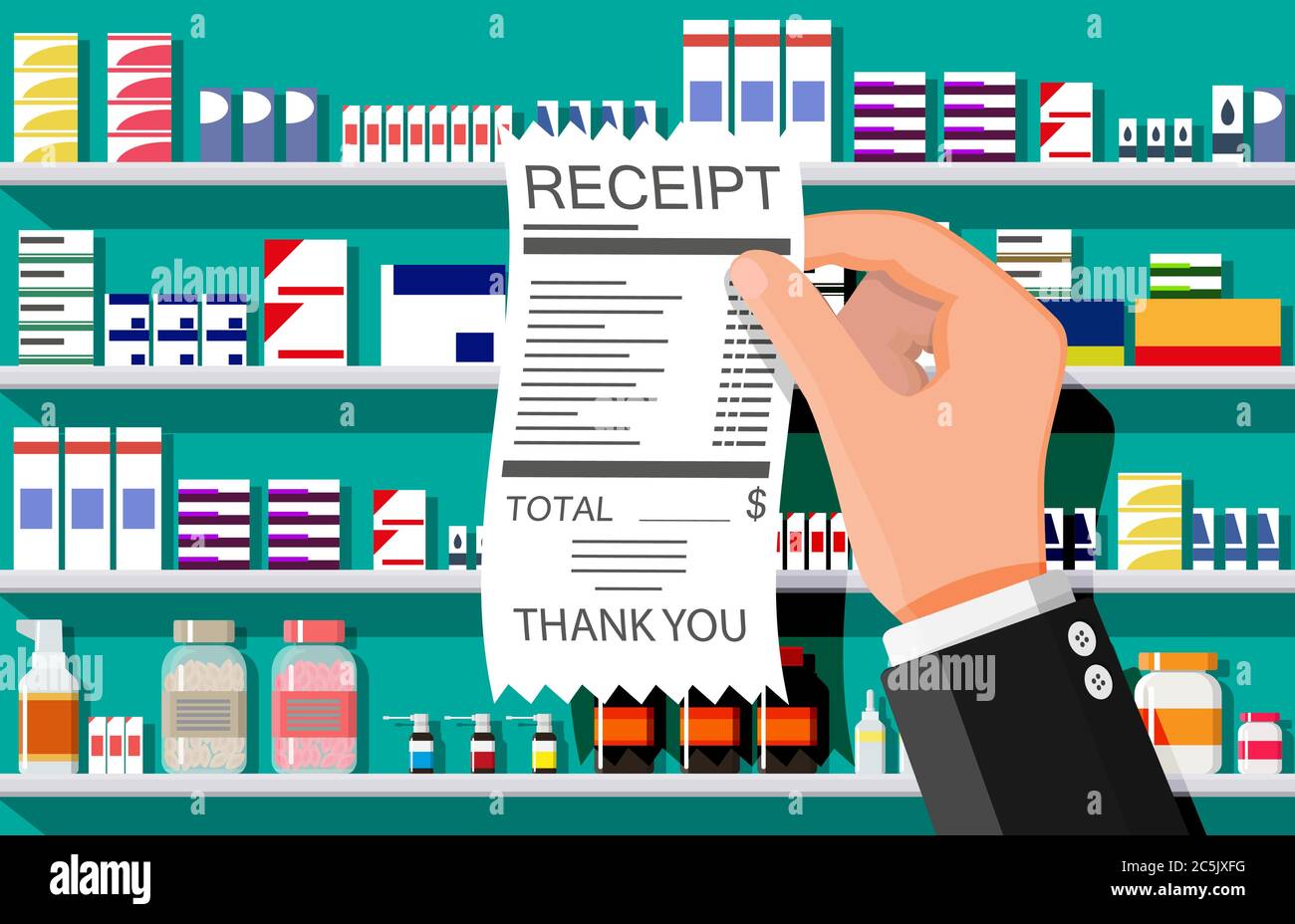 Medicine collection on shelves, hand with receipt. Set of bottles ...