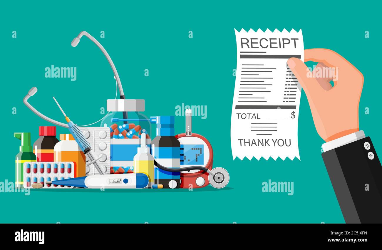 Medicine collection in bag, hand with receipt. Set of bottles, tablets ...