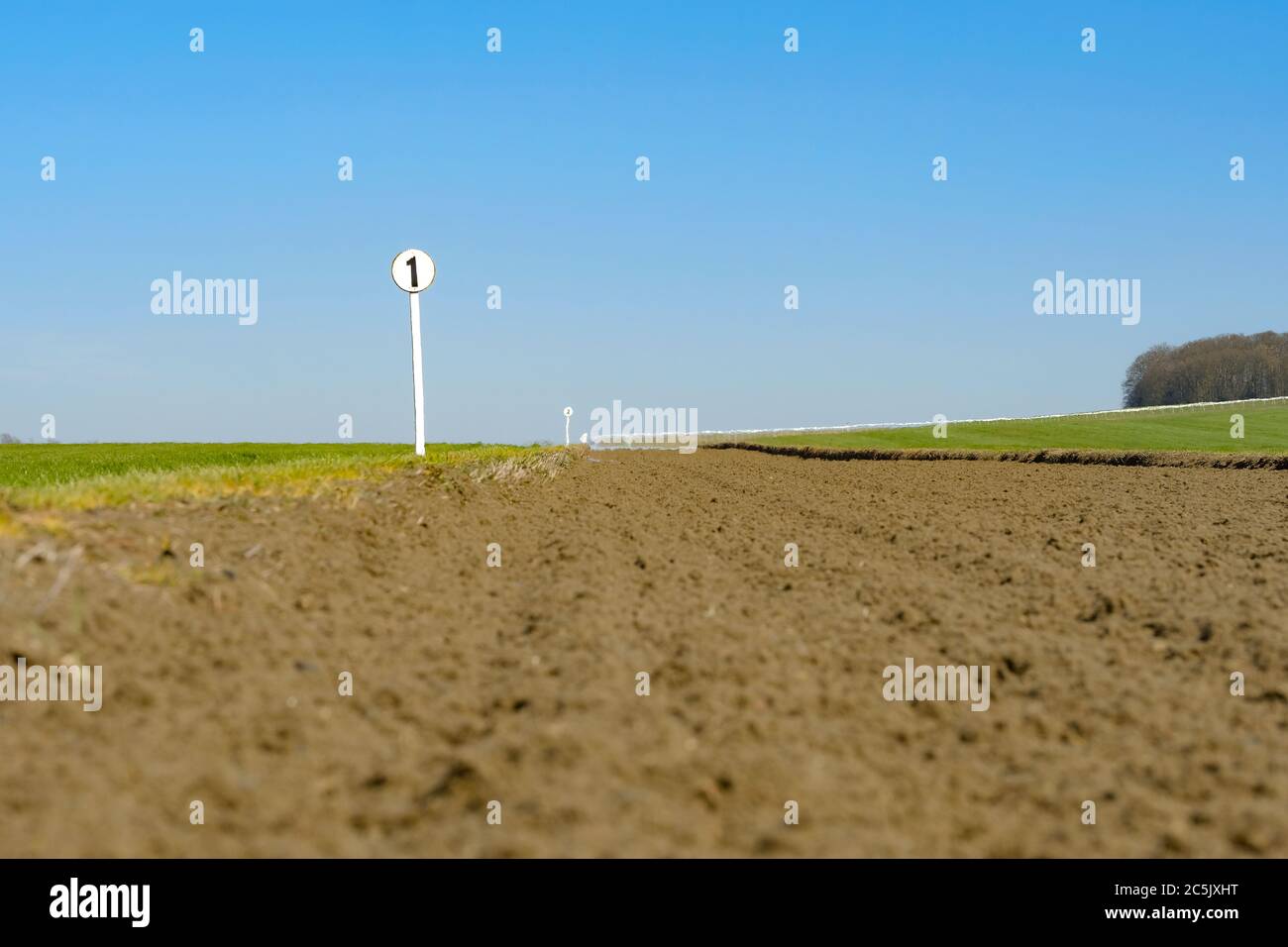 hallow focus of a 1 furlong sign seen next to a race horse training ...