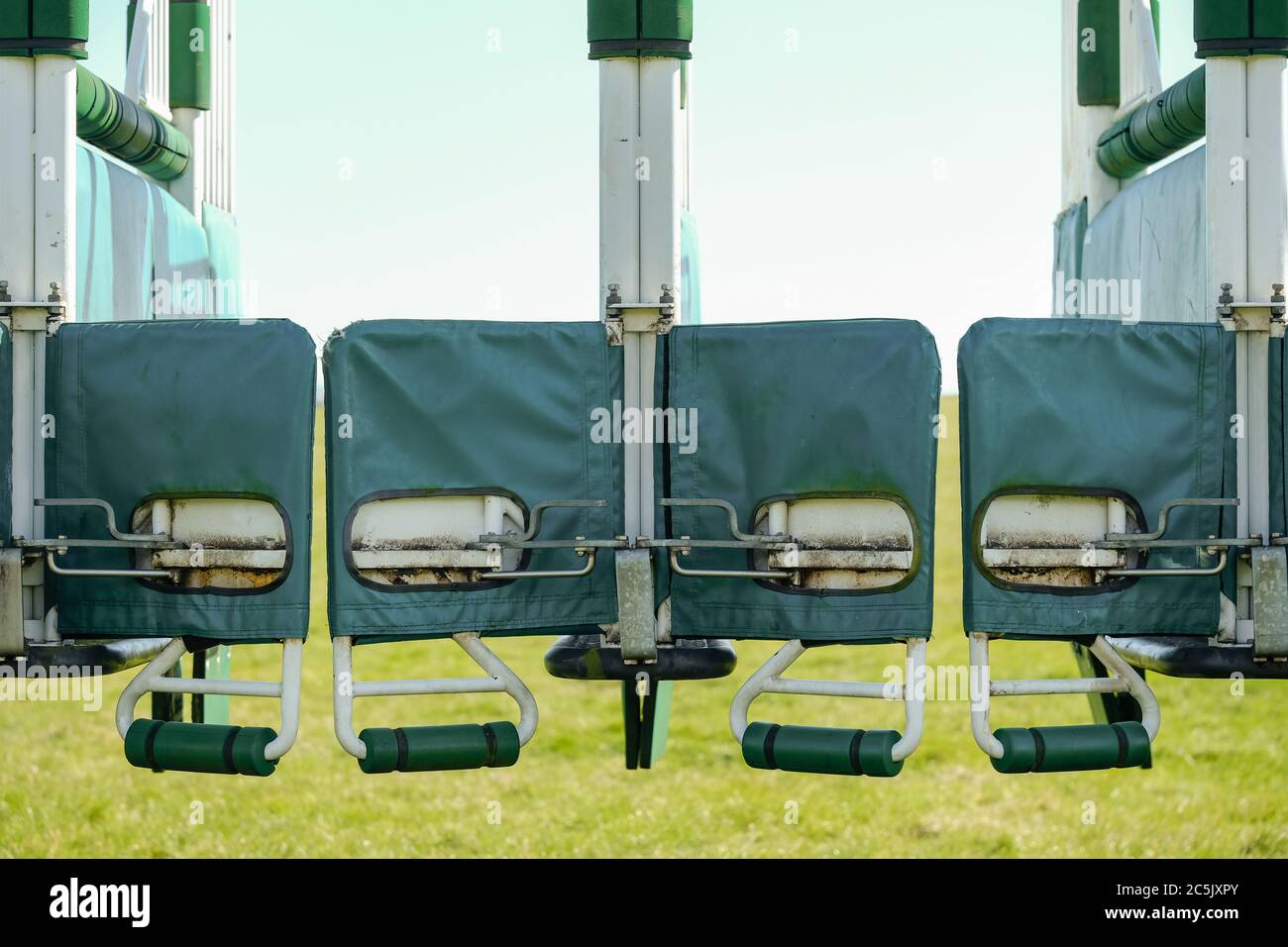 Professional horse racing starting box and turnstiles seen located on a ...