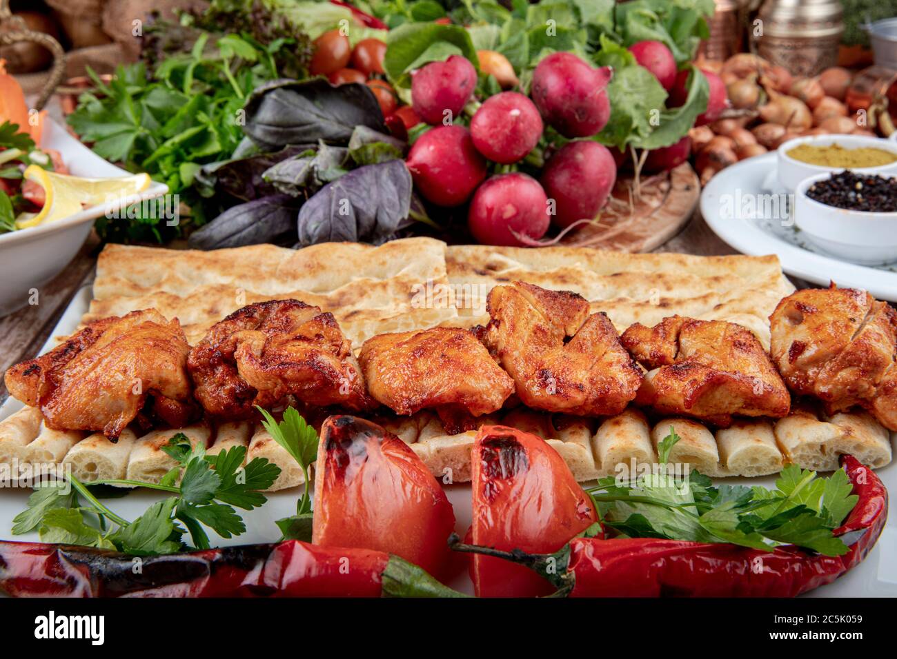 Turkish cuisine chicken skewer. Traditional grilled chicken Shish Kebab ...