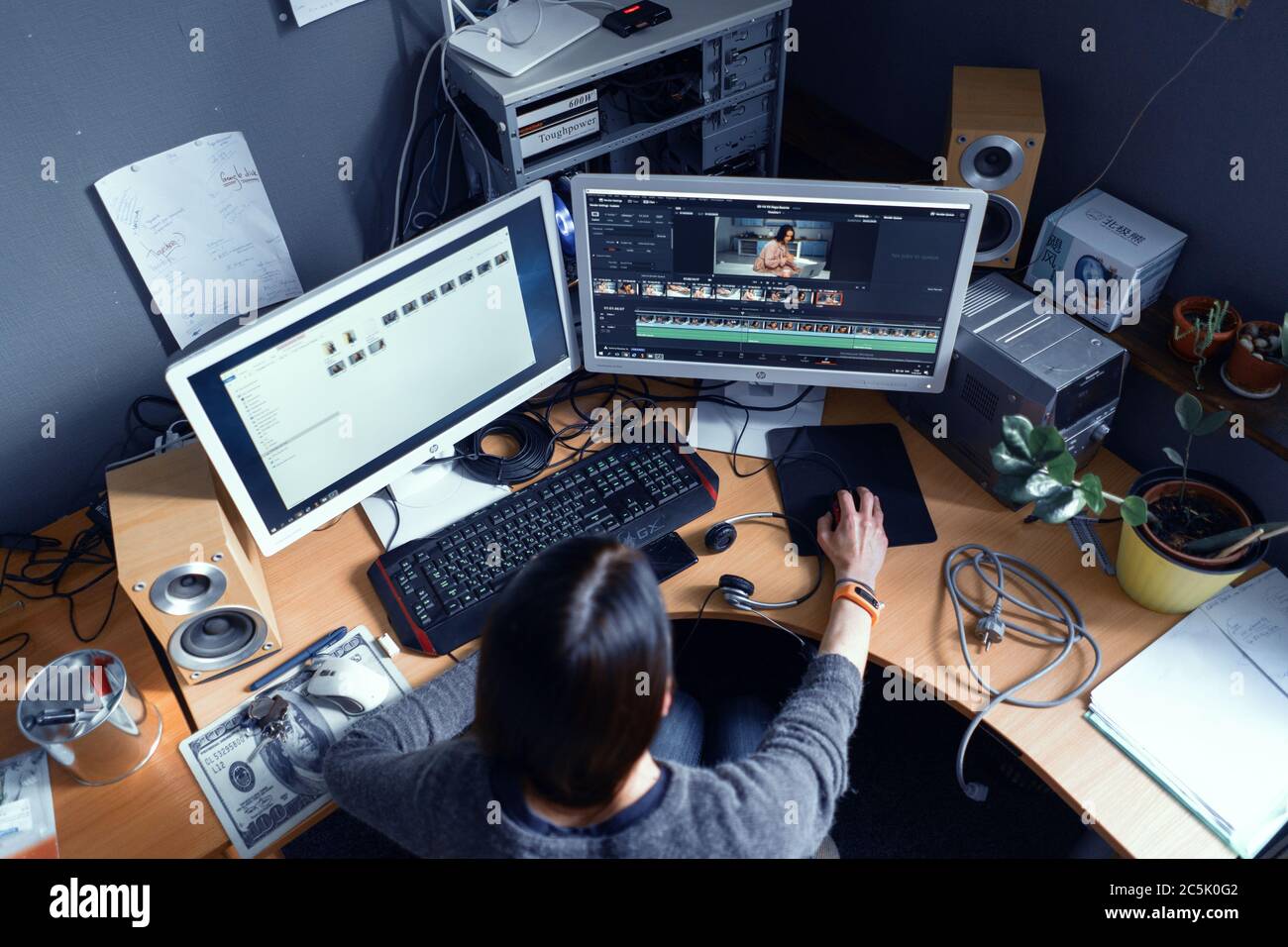 Focused Person Works In Video Editing Program. Woman Freelancer Makes ...
