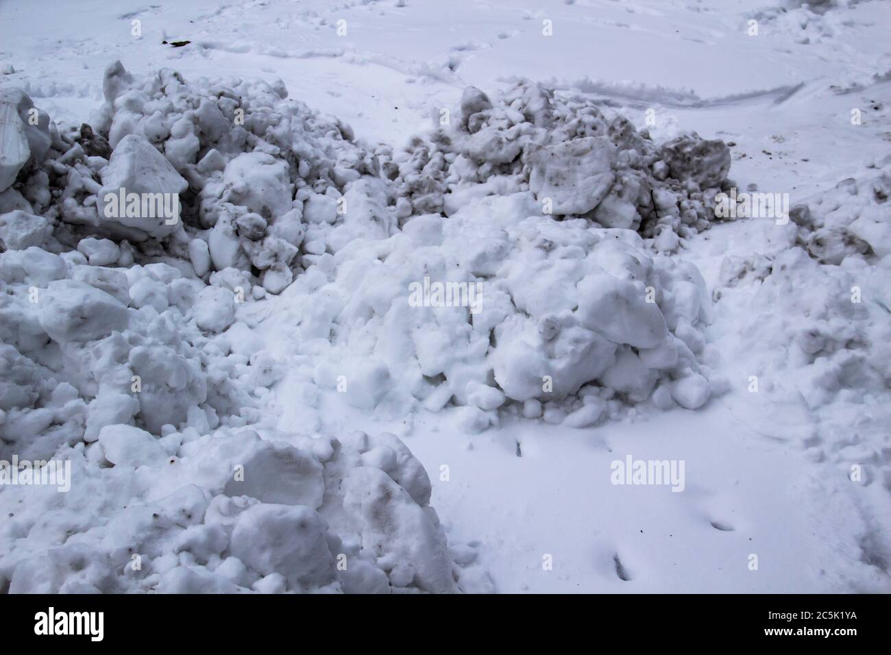 A winter background with Piles of dirty snow. Texture of dirty snow ...