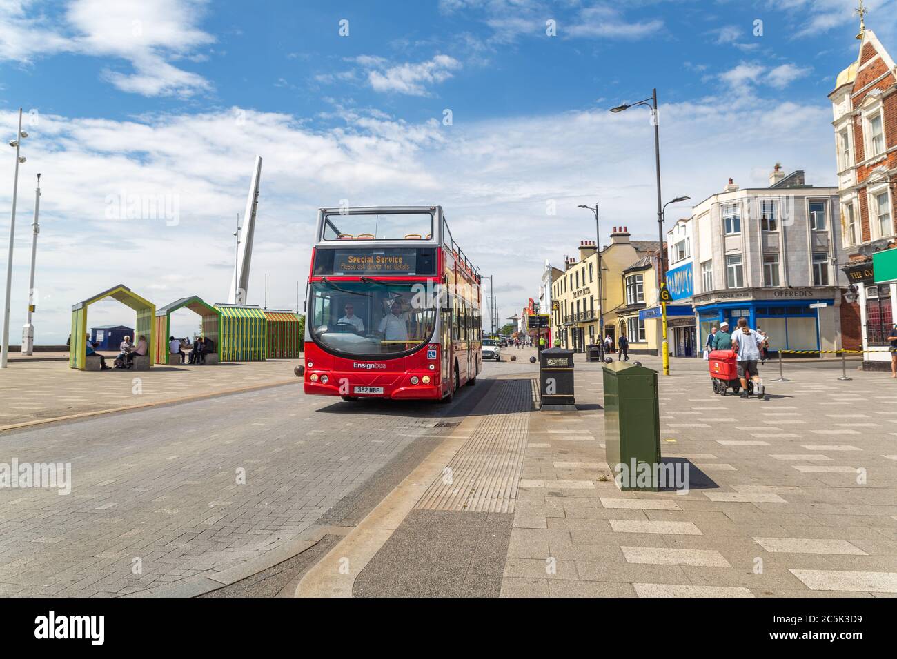 Southend-on-Sea, UK. 3rd Jul, 2020. A red open-top double-decker bus ...