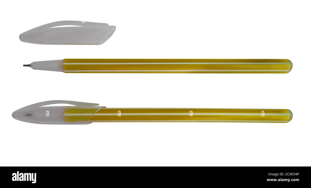 Yellow ball pens isolated on white. Clipping Path included Stock Photo ...