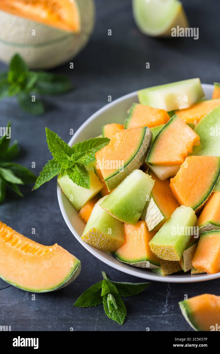 Sliced fresh melons in the plate Stock Photo - Alamy